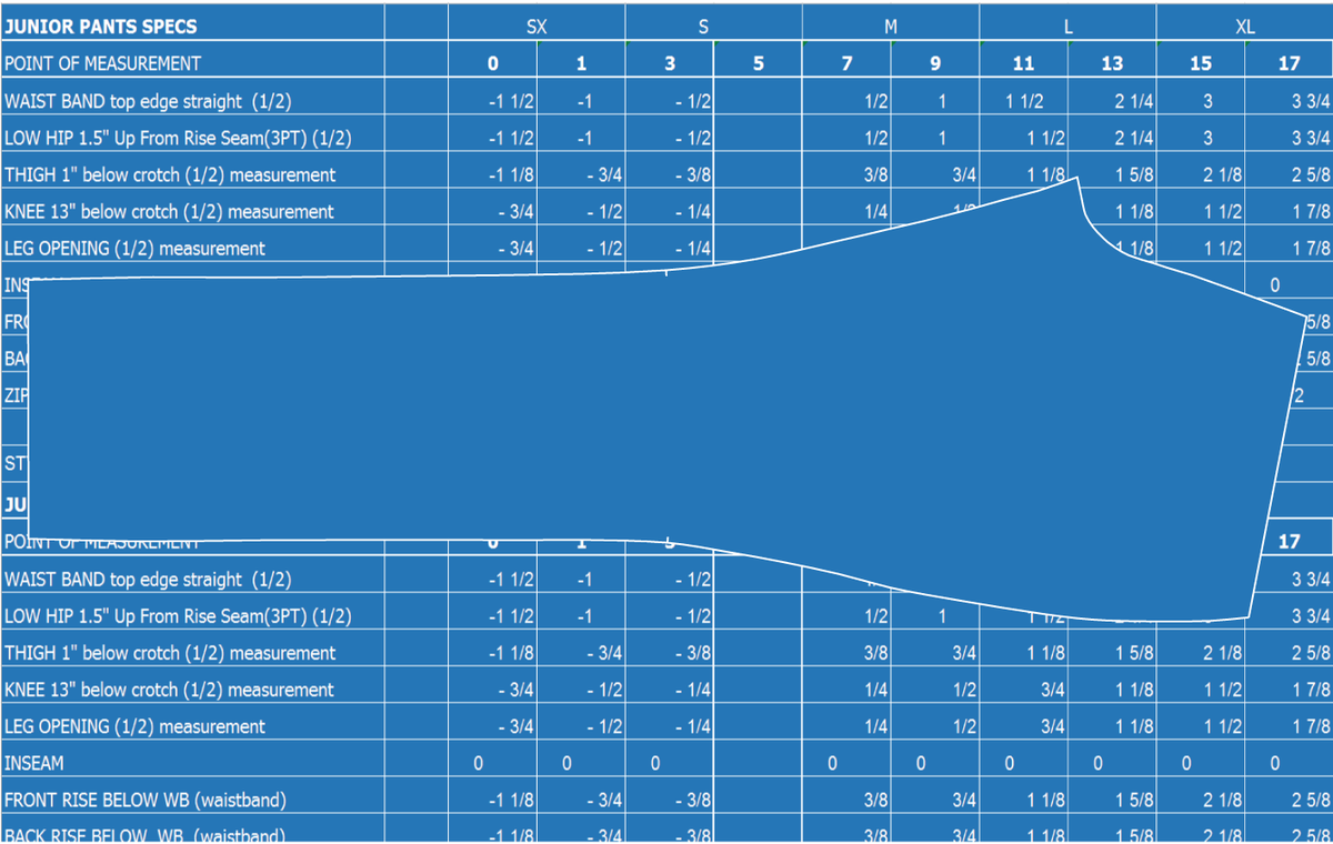 Juniors Pants And Shorts Grade Sheet Template